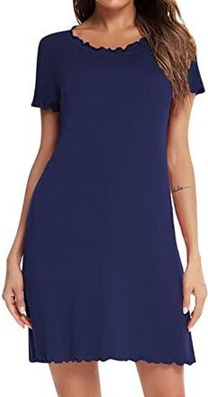 Generic Robe Nuisette Longue Sexy en Soie Femmes européennes et américaines été Nouveau Bord roulé Couleur Unie à Manches Courtes Chemise de Nuit Confortable 