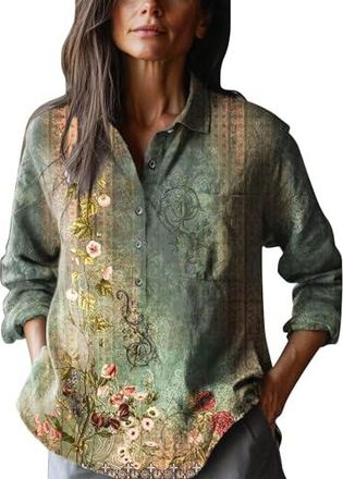 Generico Femme Chemise D&eacute;contract&eacute;e &agrave; Manches Longues Chemisier Coton Et Lin Curvy Respirant Chemises Col en V Mode T Shirt Vintage Imprim&eacute; avec Boutons Classi