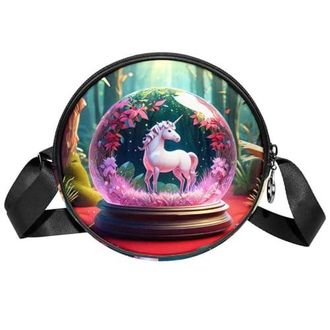 Generic Sac &agrave; bandouli&egrave;re rond pour femme, motif licorne et boule de cristal, petit sac &agrave; bandouli&egrave;re avec fermeture &eacute;clair, bretelles r&eacute;glables, sac &agrave; main r