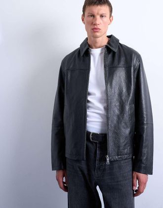Topman Harrington-Jacke aus Echtleder in Schwarz