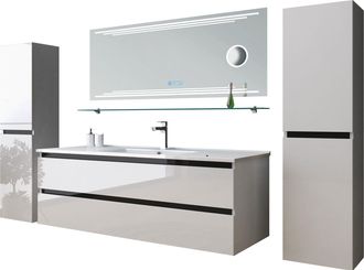 Home Line Badezimmermöbel Set Deniz Kosmetik Hochglanz Spiegelschrank Keramik Weiß LED 90 cm