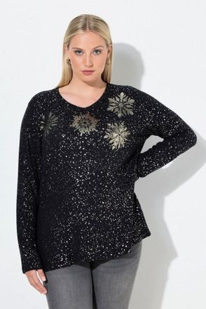 Ulla Popken Sweatshirt Sweatshirt Metallic-Druck V-Ausschnitt Langarm