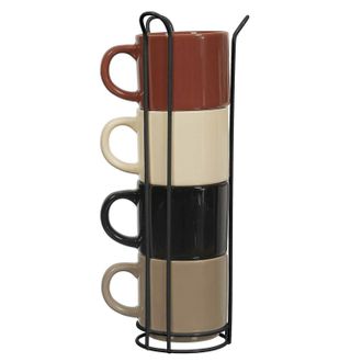 HowHomely | Keramik Becher Set mit Metallst&auml;nder - 4 Kaffeebecher retro, Teebecher modern, Kaffeetassen f&uuml;r K&uuml;che, Geschirr Set, Tassen Set