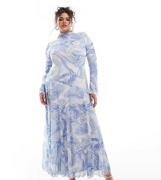 Asos Curve ASOS DESIGN Curve - Hochgeschlossenes, lang&auml;rmliges Netzstoff-Maxikleid mit A-Linien-Schnitt und abstraktem Muster in Blau-Bunt