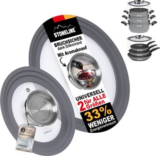 STONELINE 3 in 1 Universaldeckel Set 2-teilig für Töpfe Pfannen ø 16/18/20 und 24/26/28 cm Universal Glasdeckel mit Aroma Funktion, abgestufter Silikonrand, hit