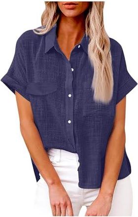 Generic Chemise d&eacute;t&eacute; en coton et lin &agrave; manches courtes pour femme - Tunique d&eacute;contract&eacute;e ample unie - V&ecirc;tements tendance avec poches, violet, 3XL