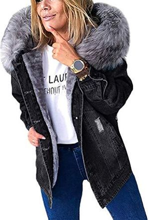 Minetom Parka Femme Capuche Fourrure Manteau Veste en Jean Hiver Chaud Slim Bouton Veste Col Capuche Fourrure Fausse Denim Manteaux (XXL, A Noir)