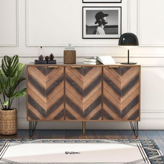 Generic LZPUOUI Sideboard Holzfarbe 120 cm Breit 38 cm Tief Mit 3 T&uuml;ren Einlegeb&ouml;den Anrichte Stauraum Kommode Gold Griffe Eisenf&uuml;&szlig;e Buffetschrank F&uuml;r Wohnzim