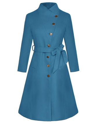 Grace Karin Damen Mantel Wintercoat Revers Zweireihiger Mantel Trenchcoat Winter A-Linie Outwear mit G&uuml;rtel Seeblau 2XL