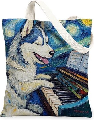 Generic Sac fourre-tout en toile motif chien Husky pour faire du shopping, 33 x 38,1 cm, motif piano &eacute;toil&eacute;, sac d&eacute;picerie r&eacute;utilisable, sac &agrave; bandouli&egrave;re pou