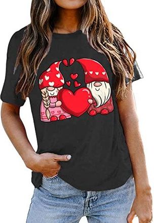 Generic Chemisier de Saint-Valentin 2026 pour femme - T-shirt &agrave; manches courtes - Imprim&eacute; dessin anim&eacute; mignon - Col rond, Noir, XXL