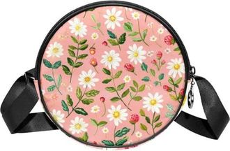 Generic Sac &agrave; bandouli&egrave;re rond pour femme, motif marguerites, sac &agrave; dos avec fermeture &eacute;clair, bretelles r&eacute;glables, sac &agrave; main rond d&eacute;contract&eacute; pour femmes et