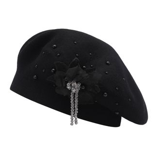ZLYC Damen Wolle Baskenm&uuml;tze Klassische Franz&ouml;sischen Barett Warm Beret M&uuml;tze(Blumenanh&auml;nger Schwarz),Einheitsgr&ouml;&szlig;e