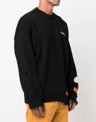Heron Preston Mens Ctnmb Logo Shredded Knit Sweater Black Clothing > Knitwear