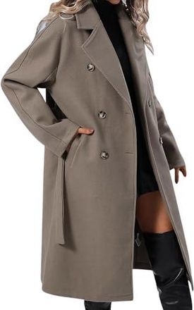 Generico Trench pour femme élégant et long manteau en laine à manches longues Couleur unie avec col roulé Vêtement chaud dhiver avec ceinture, gris, XL