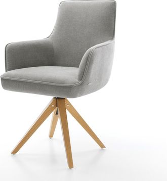 DELIFE Drehstuhl Heira-Flex mit Armlehnen Strukturstoff Soft Grau Holzgestell kantig Natur 180° drehbar Taschenfederkern, Esszimmerstühle
