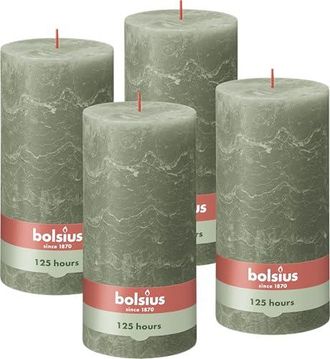 Bolsius Rustik XXL Bougies Pilier Vert Lot de 4-20 x 10 cm - Bougies D&eacute;coratives pour la Maison - Dur&eacute;e de Combustion de 125 Heures - Sans Parfum - Cire V&eacute;g&eacute;t