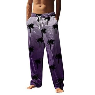 Generic Pantalon surdimensionn&eacute; en coton et lin pour homme - Pantalon en lin imprim&eacute; cocotier - Pantalon d&eacute;contract&eacute; ample pour l&eacute;t&eacute;, la plage, les voyages, l