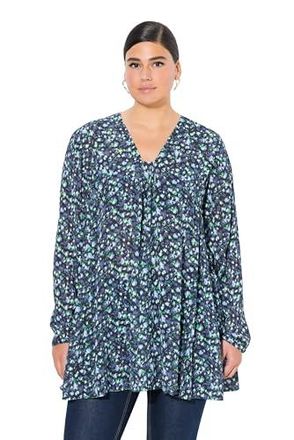 Ulla Popken Bluse, Alloverdruck, A-Linie, Carree-Ausschnitt, Langarm Chemisiers, Bleu Marine, 56-58 Femmes