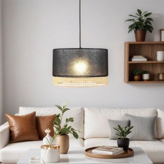 Licht-Erlebnisse Licht-erlebnisse - Boho Hängeleuchte Stoff Rattan ø 38,5 cm Schwarz Braun E27 Hängelampe Schlafzimmer Wohnzimmer