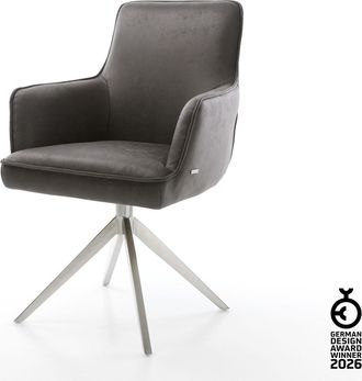 DELIFE Drehstuhl Heira-Flex mit Armlehnen Mikrofaser Anthrazit Vintage Kreuzgestell breit Edelstahl 360&deg; drehbar Wippfunktion Taschenfederkern, Esszimmerst&uuml;h