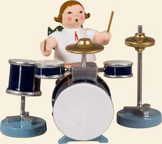 Rudolphs Schatzkiste Engel mit Schlagzeug ohne Krone - Höhe ca. 6,5 cm - Weihnachtsengel - Holzengel - Handarbeit Erzgebirge - NEU