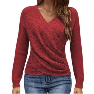 Generic &Eacute;l&eacute;gant pull en tricot d&eacute;contract&eacute; pour femme, col en V 2026, pull crois&eacute; pour le printemps et lautomne, Rouge, M