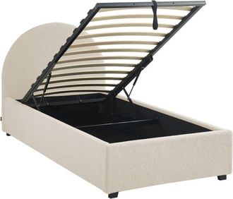 Sweeek Lit coffre avec sommier à lattes et tête de lit. finition bouclette. blanc. L 206 x P 104 x H 102cm