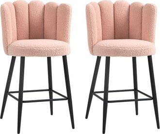 HOMCOM Lot de 2 tabourets de Bar en Tissu Effet Laine bouclée, Assise rembourré 65 cm, chaises de Bar avec Dossier Floral et Repose-Pieds, Pieds en Acier, ch