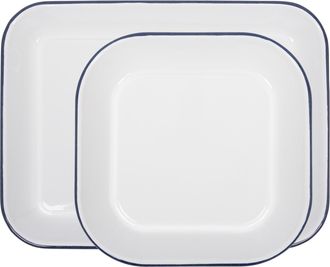 Argon Tableware 2pc Blau Wei&szlig; Emaille-Backblech-Set - Flat K&uuml;che Backgeschirr Tin Ofen Backen Braten Kochen Blatt Pfanne Tabletts