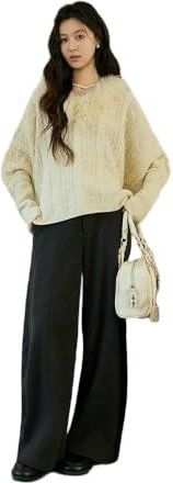 Generic QXDZSW Pull tricot&eacute; &agrave; manches chauve-souris pour femme avec col en fausse fourrure et manches bouffantes en tricot torsad&eacute;, abricot, Taille unique