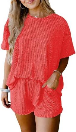 Generic Tenues dété 2 pièces pour femme, ensemble décontracté uni côtelé texturé, ensemble pyjama confortable, grande taille avec poche, Rouge, S