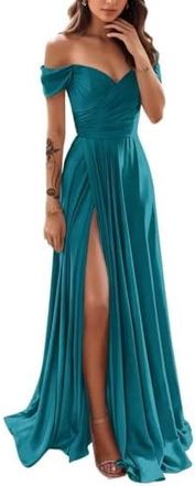 Generic Robe de bal en satin à épaules dénudées avec fente pour adolescentes, robe de demoiselle dhonneur longue plissée, paon, 52 Grande taille