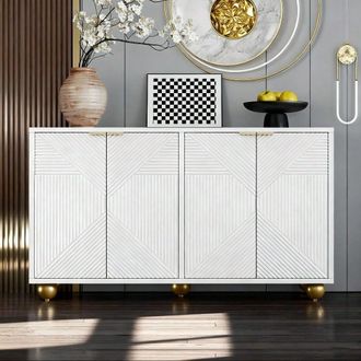 Generic Sideboard mit 4 geformten Türen & verstellbaren Böden - Metallgriffe, kugelförmige Beine, Flexibler Stauraum (White)