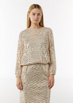 Comma Langarmbluse Bluse Pailletten-Bluse mit Rundhalsausschnitt