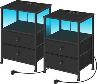 Woltu Nachttisch 2er Set, Nachtschrank mit Ladefunktion LED-Beleuchtung Schubladen, Beistelltisch Schwarz, Sofatisch, Kaffeetisch, MDF,NTS27sz-2