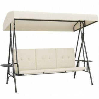 OUTSUNNY Balancelle de jardin - Outsunny - 3 places - inclinaison toit r&eacute;glable - 2 tablettes lat&eacute;rales, coussins - acier - cr&egrave;me
