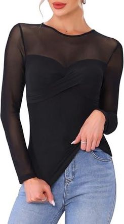 Allegra K Hauts Femmes en Maille Transparente, Manches Longues, Col Ras du Cou, Double &Eacute;paisseur, Blouse Sexy pour Costume de No&euml;l Noir XL