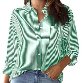 Generic Chemise ray&eacute;e en coton pour femme, petit chemisier surdimensionn&eacute; &agrave; manches longues pour femme, haut de travail, Vert, XXL