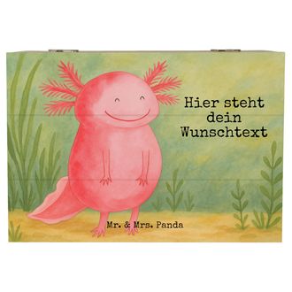 Mr. & Mrs. Panda Personalisierte Holzkiste Axolotl Gl&uuml;cklich Design 22 x 15 cm - Geschenk, Erinnerungskiste Personalisiert, Lebensfroh, Motivationsspruch, gut Gelaunt,