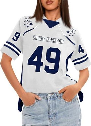 Generic T-Shirts Oversize pour Femmes en Jersey Ample avec imprim&eacute; Graphique Y2K et num&eacute;ro imprim&eacute;, &eacute;paules Tombantes, Style Streetwear. 02-Bleu fonc&eacute; M