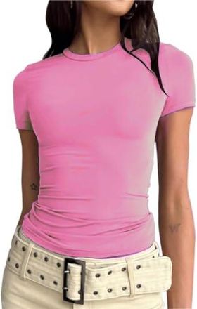 Onsoyours T-Shirt Y2K Femme T-Shirt Moulant Basique à Manches Courtes Crop Top Col Rond Haut Eté Chic Tops A Rose Foncé XS
