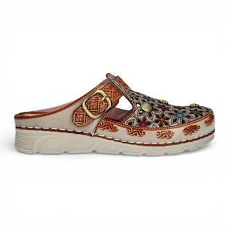 Laura Vita Laura Vita Damen-Sandalen Dorry 01 mit floralem Muster, beigefarbenem Leder und Keilabsatz