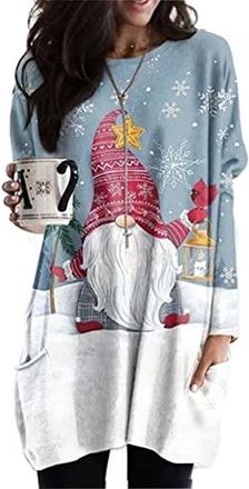 Minetom Femme Robe Pull Mignon Imprimer De No&euml;l Haut Ample D&eacute;contract&eacute;e Sweatshirt &Agrave; Double Poche Lat&eacute;rale H Bleu 3XL