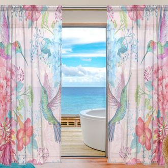 Alaza Durchsichtiger Voile-Vorhang, Blumenmuster, Kolibris, Polyester-Material f&uuml;r Schlafzimmer, Dekoration, Zuhause, T&uuml;rdekoration, K&uuml;che, Wohnzimmer, 2 Pa