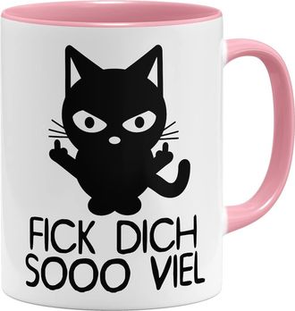 OM3 Fick Dich sooo viel lustige Tasse mit Spruch + Katze II | Keramik Becher | 11oz 325ml | Beidseitig Bedruckt | Rosa