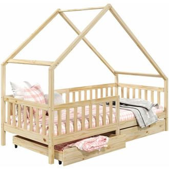 IDIMEX Lit cabane asym&eacute;trique ALVA avec tiroirs, 90 x 190 cm en pin massif finition naturelle