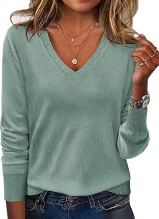 Minetom Pull Femme Pullover À Manches Longues en Tricot Sweat Col V Top Léger Couleur Unie Chandail Printemps Automne A Vert Clair XS