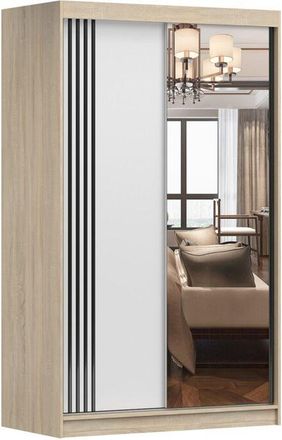 E-MEUBLES Kleider Kleiderschrank mit Spiegel Schwebet&uuml;renschrank 2-t&uuml;rig Schrank mit Einlegeb&ouml;den und Kleiderstange Schiebt&uuml;ren Schlafzimmer Wohnzimmerschrank