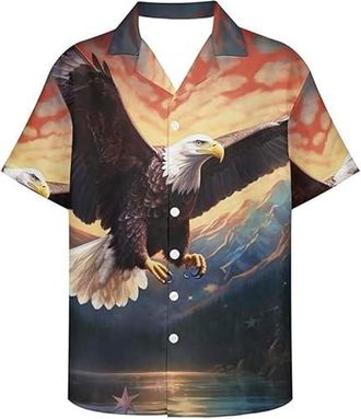Keephen kewing Patriotique Drapeau USA Chemises Hommes/Femmes Aigle/Loup Impression 3D Chemise Hawaiienne Chemise &agrave; Boutons Cool Plage Vacances Col &agrave; Revers H